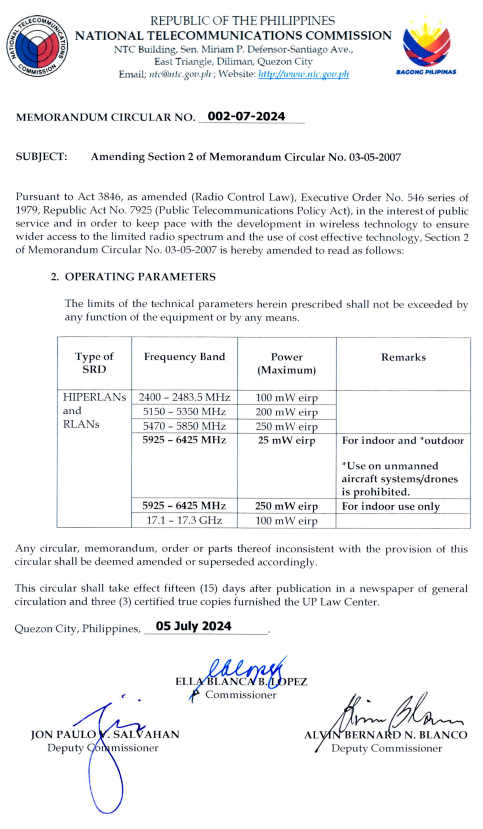 NTC published Memorandum Circular No. 002-07-2024!-Bay Area Compliance Laboratories Corp.
